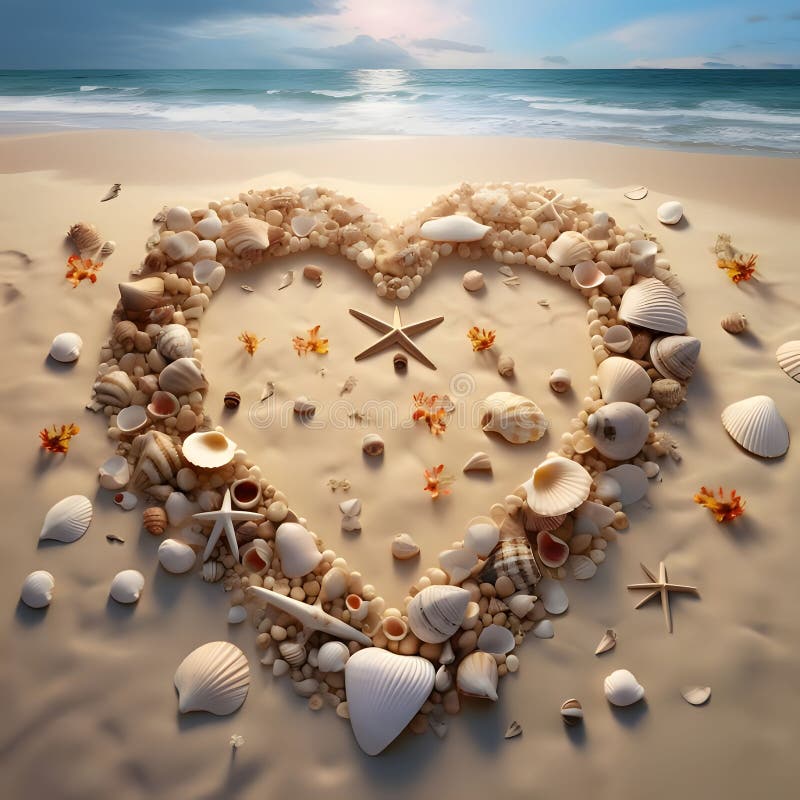 Heart on the Sand on the Beach with Seashells in the Background Sea ...
