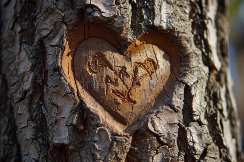 A Heart Shape is Carved into the Rough Bark of a Tree, Showcasing a ...