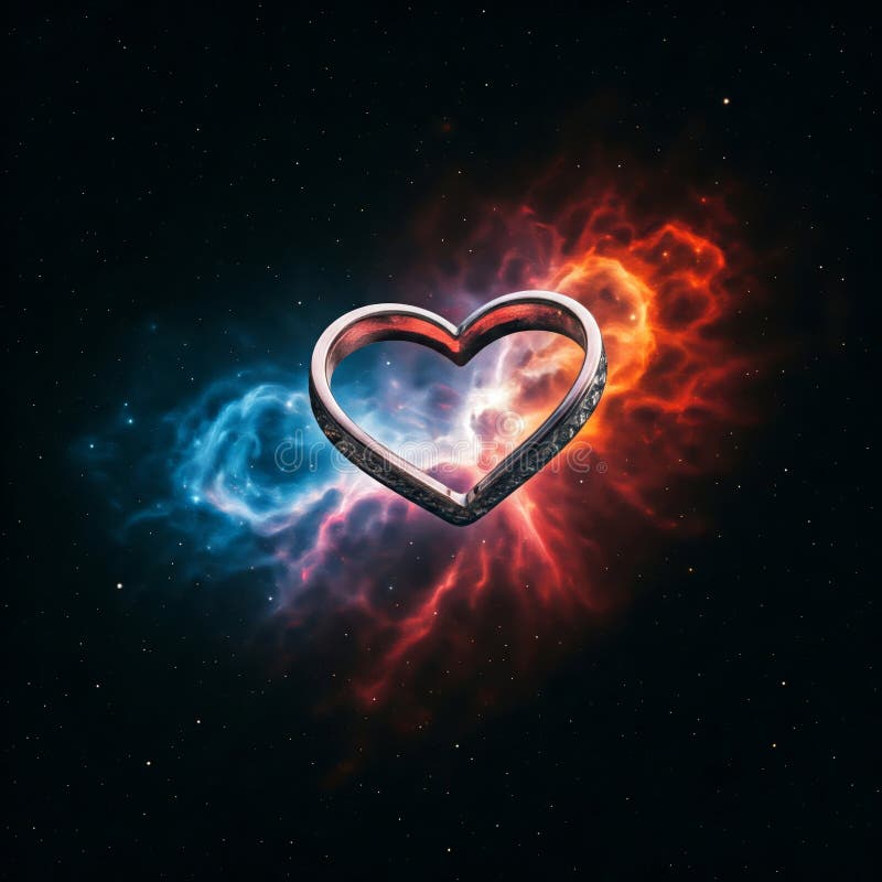 Heart Shape with Cosmic Nebula Background: Red and Blue Energy Contrast ...