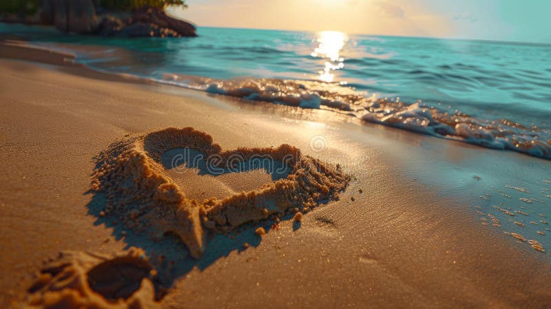 Heart Shape Drawn in the Sand on a Beach at Sunset Stock Image - Image ...