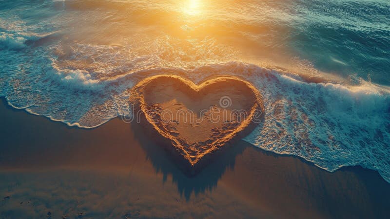 Heart Shape Drawn in Sand on Ocean Beach at Sunset Stock Illustration ...