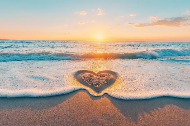 A Heart Shape Drawn in the Sand, Reflecting Warm Sunset Colors ...