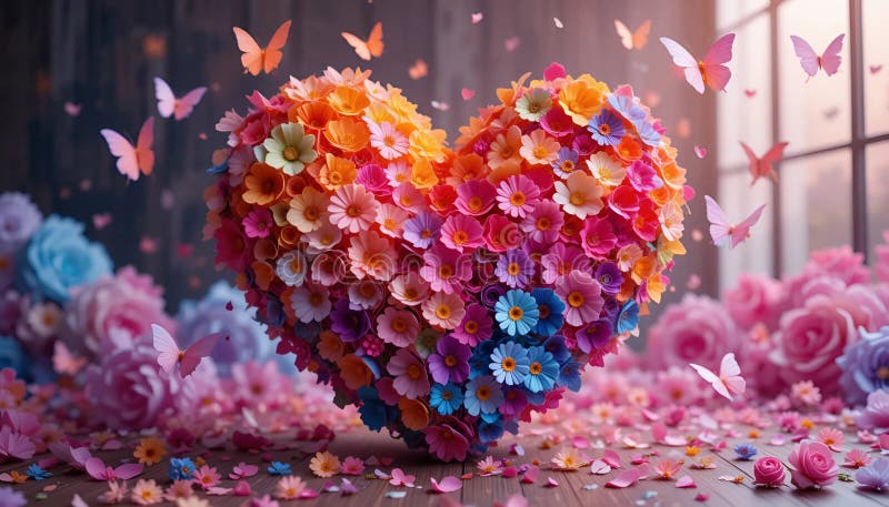 A Heart Shape Filled with an Array of Colorful Flowers and Butterflies ...