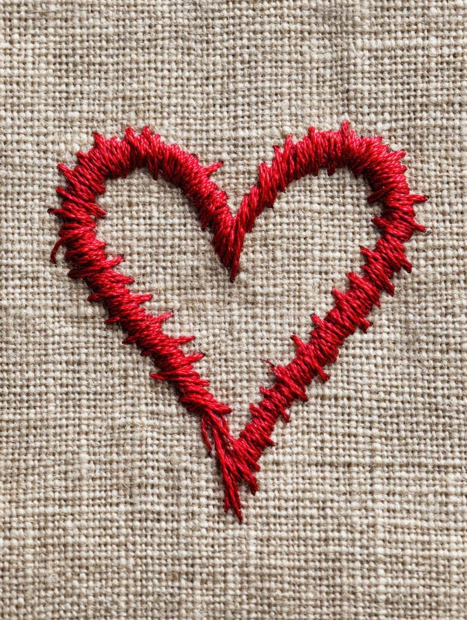 Red Thread Stitched into Heart Shape on a Textured Linen Fabric Surface ...