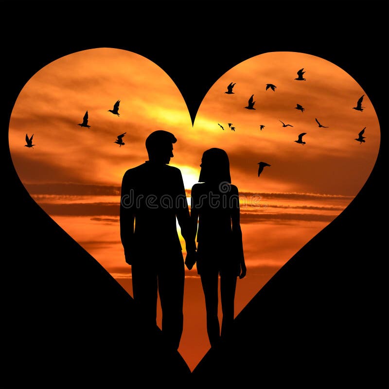 Heart Shape with Lovers Silhouettes and Birds Over Sunset Sky Stock ...