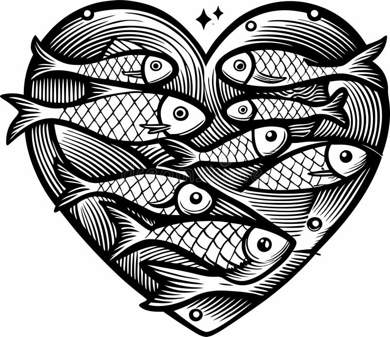 Heart Shape Made of Fish Vector Ink Vector Sketch. Black Illustration ...