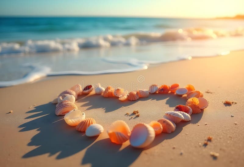 Heart Shape Made of Seashells on Sandy Beach at Sunset Stock ...