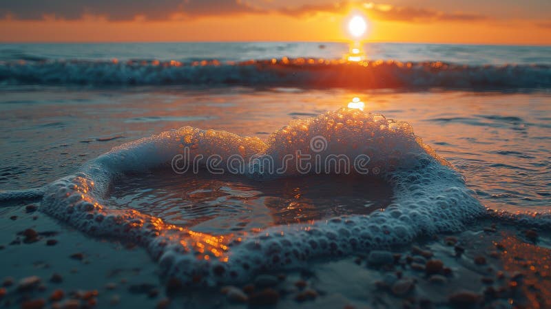 Heart Shape in Ocean Foam on Beach at Sunset Stock Photo - Image of ...