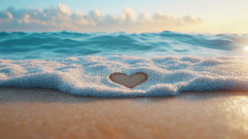 Heart Shape in Ocean Waves on Sandy Beach at Sunset Stock Illustration ...