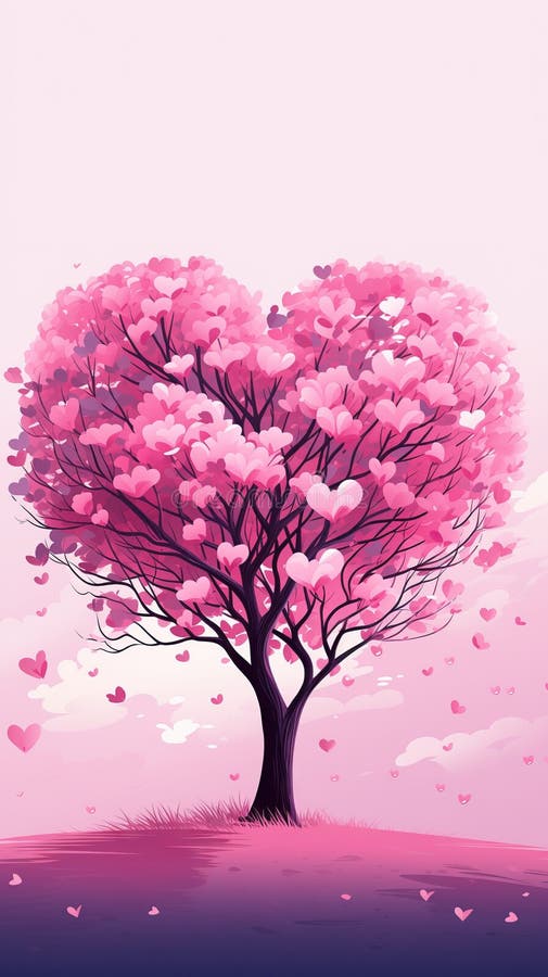 Heart Shape Pink Color Tree and Flying Heart Shape Leaves Stock ...