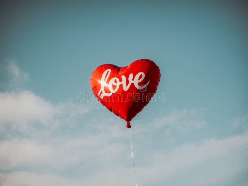 Heart Shape Red Balloon with Love Text on it Flying in the Sky. Stock ...