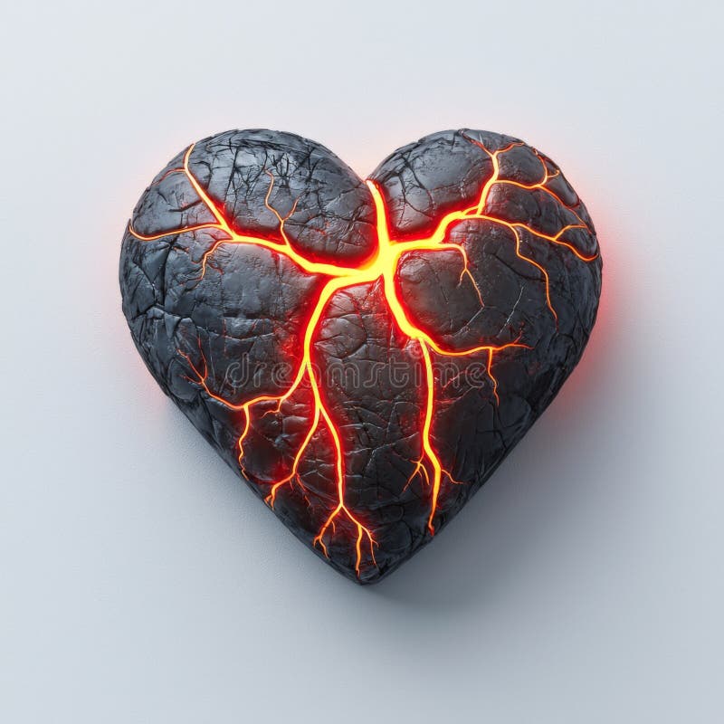 Heart Shape Rock with Glowing Cracks and Bright Orange Light on a ...
