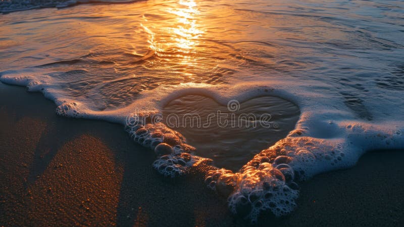 Heart Shape in the Sand with Ocean Waves and Sunset Reflection Stock ...