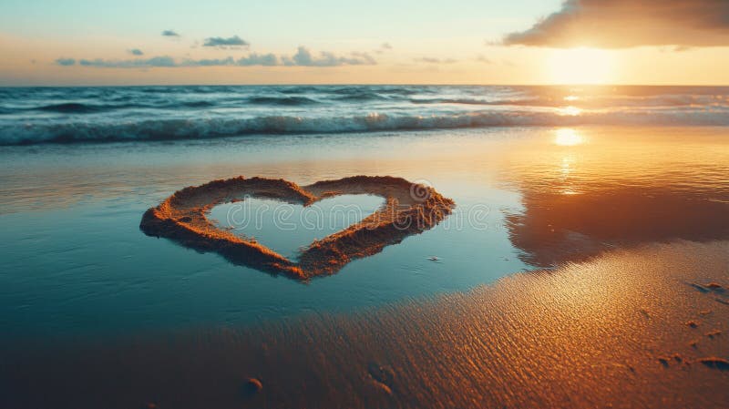 Heart Shape in Sand at Sunset Beach Stock Illustration - Illustration ...