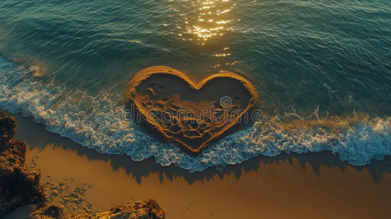 Heart Shape on Sandy Beach Coastline at Sunset with Ocean Waves ...