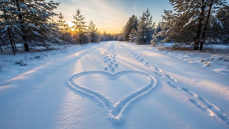 Heart Shape in Snow Covered Winter Path Road Stock Illustration - Illustration of heart, weather ...