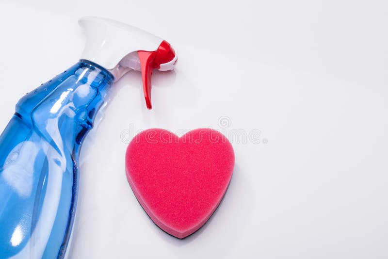 Heart Shape Sponge And Cleaning Spray Bottle On White Background Stock ...