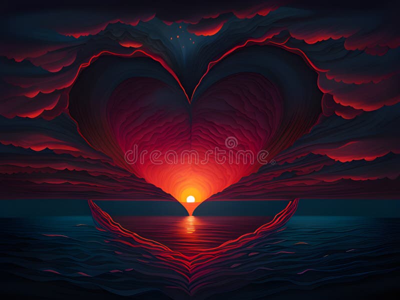 Heart Shape with Sunset on the Sea Stock Illustration - Illustration of ...