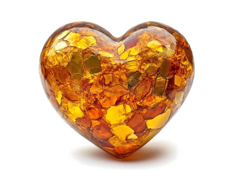 A Heart-shaped Amber Gemstone with Gold Flecks, Isolated on a White ...