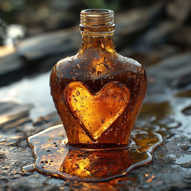 Amber Heart Glass Bottle with Liquid Reflections Stock Image - Image of ...