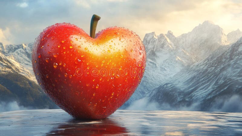 Heart Shaped Apple Dew Drops Mountain Background Stock Illustration ...