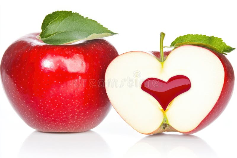 Heart-shaped Apple Slice and Whole Red Apple with Leaves Stock Image ...