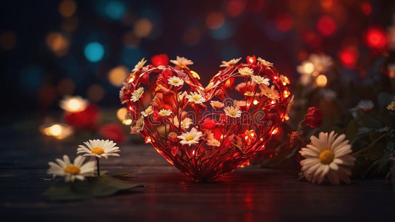 A Heart-Shaped Arrangement of Daisies and Red Roses on a Dark Surface ...