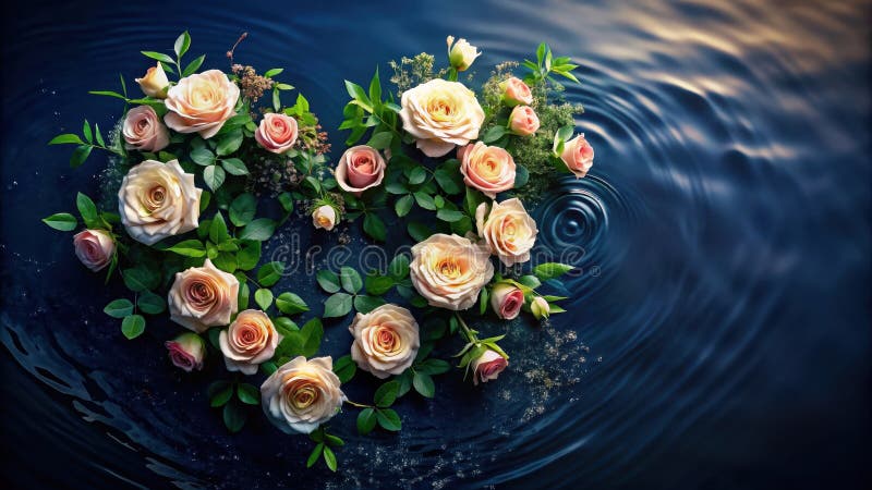 A Heart Shaped Arrangement of Delicate Roses Floating Serenely on Dark Water, Creating a ...
