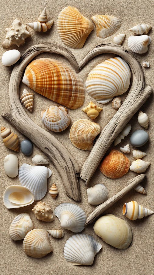Heart-shaped Arrangement of Shells and Driftwood on Sandy Surface Stock Image - Image of ...