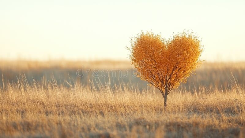 Heart-shaped Autumn Tree in Golden Field at Sunrise Stock Illustration ...