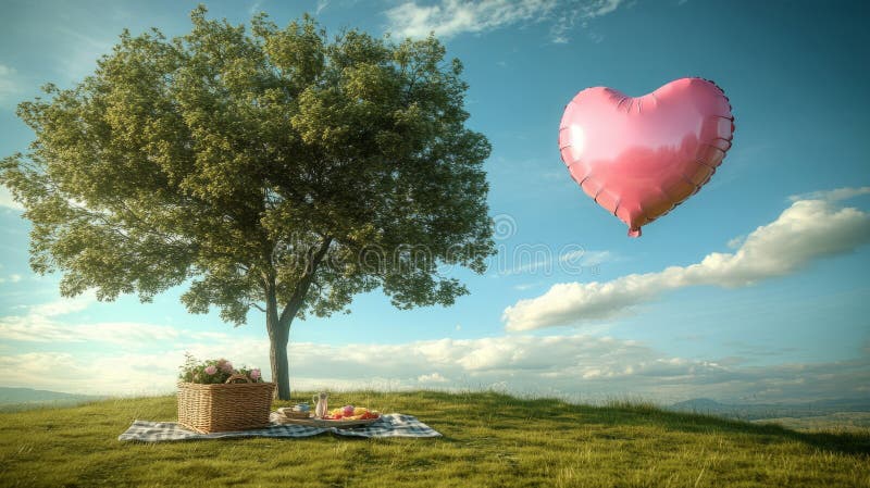 Heart-shaped Balloon Floating Above a Romantic Picnic Under a Lush ...