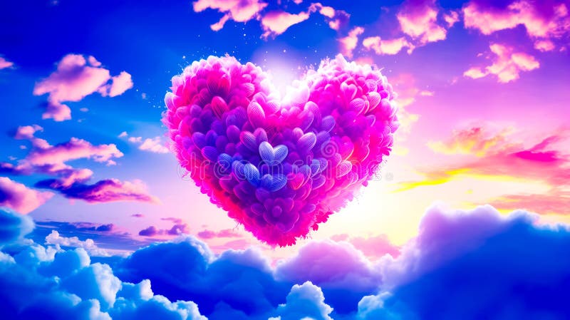 Heart Shaped Balloon Floating in the Air Above Clouds with Bright Sun ...