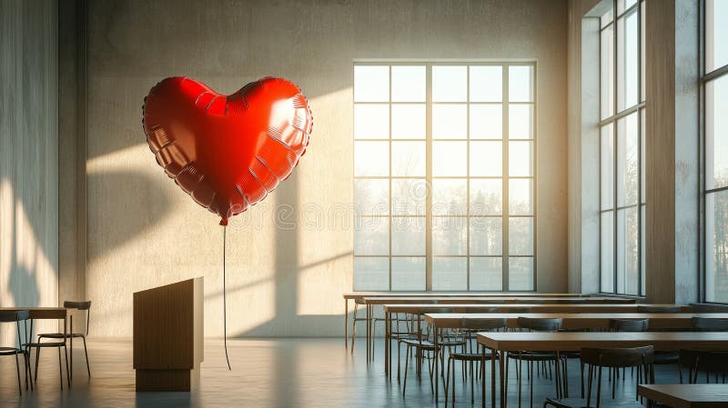 Heart-shaped Balloon Floating in Empty Classroom with Wooden Desks ...