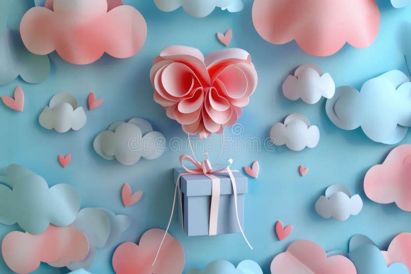 Heart-shaped Balloon Rising from a Gift Box in a Soft Sky Filled with ...