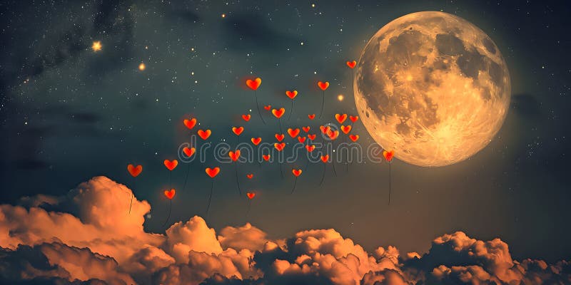 Heart-shaped Balloons Drifting Toward a Full Moon in a Dreamy, Starry ...