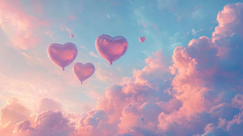 Heart Shaped Balloons Float Amongst Pink Clouds Stock Illustration - Illustration of sweet, pink ...