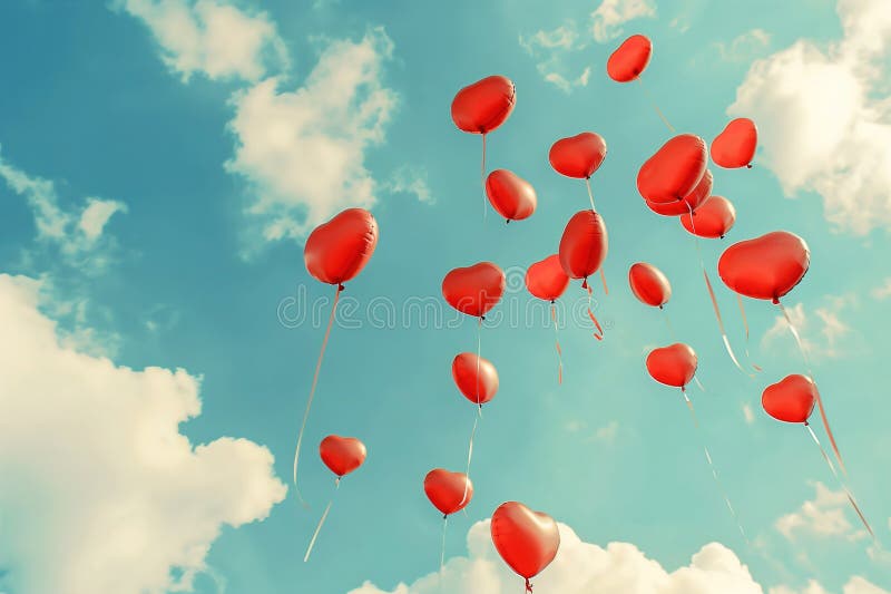 Heart Shaped Balloons Flying through the Sky. Stock Image - Image of ...