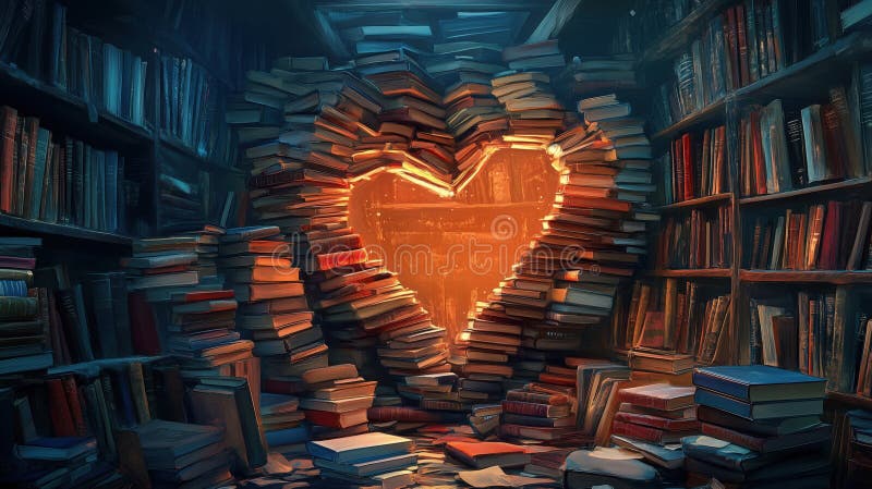 Heart-shaped Book Arrangement, Glowing Light, Cozy Library Atmosphere ...