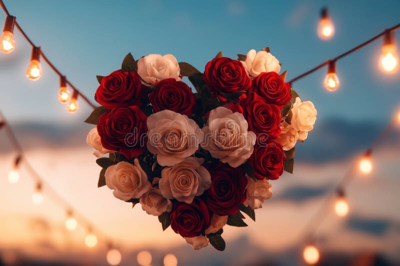 Heart-shaped Bouquet of Red and White Roses with Romantic String Lights ...