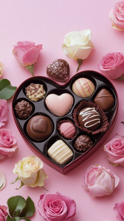 Heart Shaped Box of Assorted Chocolates Surrounded by Fresh Roses on a ...