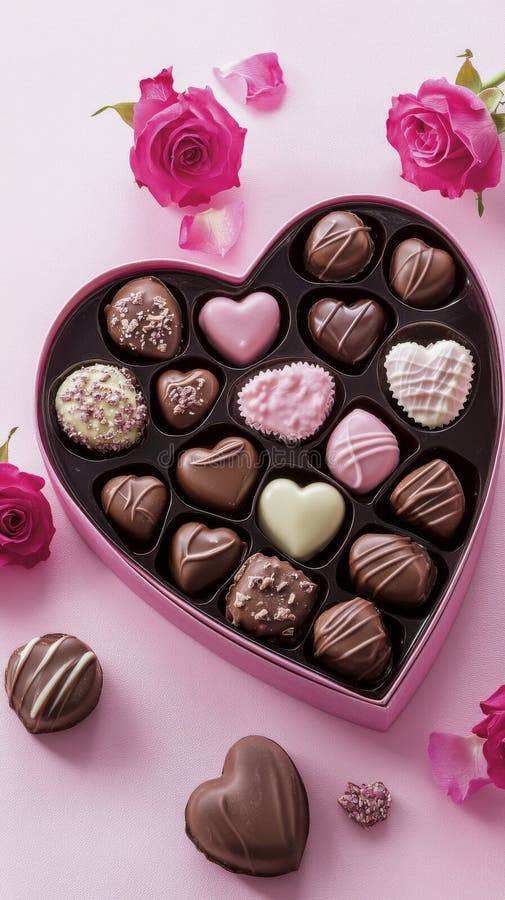Heart Shaped Box of Assorted Chocolates Surrounded by Fresh Roses on a ...