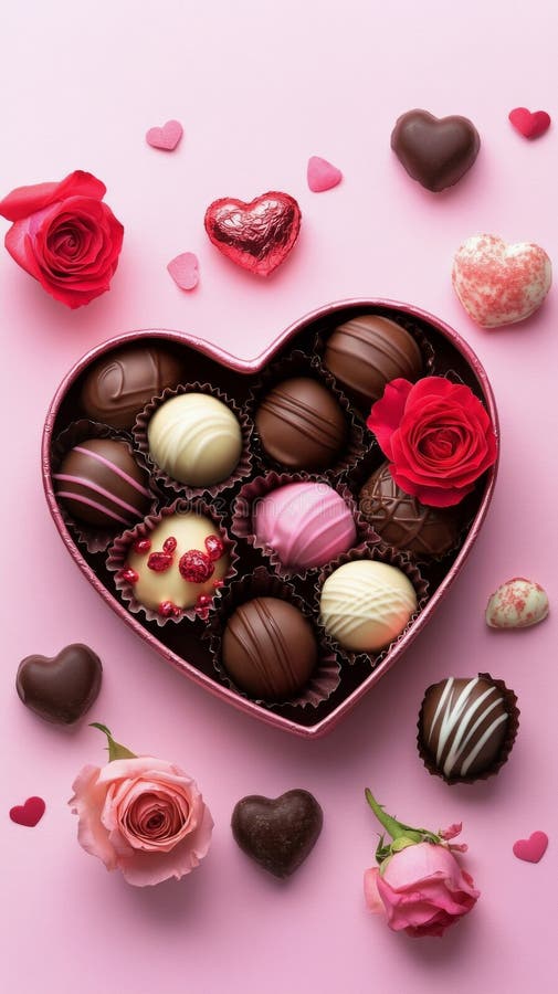 Heart Shaped Box of Assorted Chocolates Surrounded by Fresh Roses on a ...