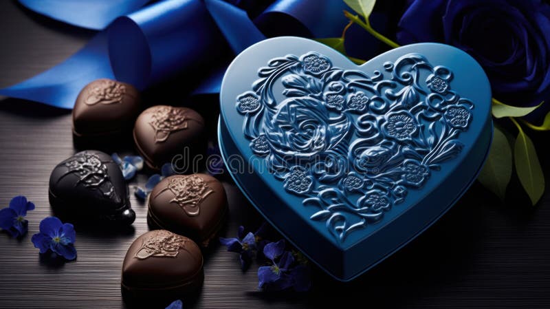 A Heart Shaped Box with Chocolates and a Blue Ribbon, AI Stock ...