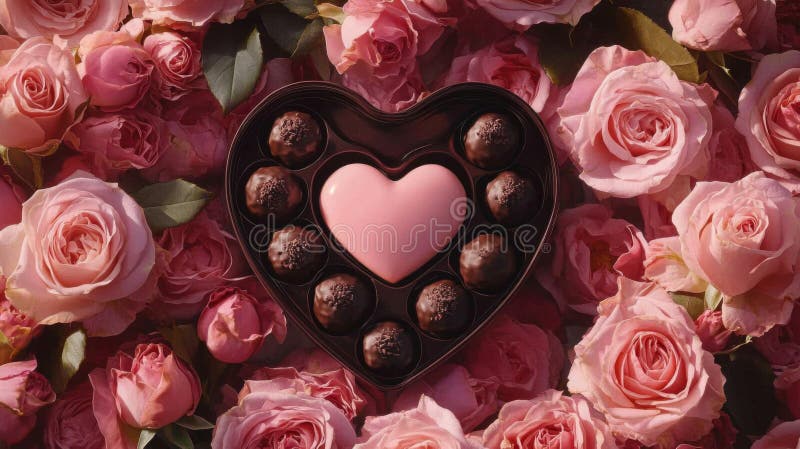 Heart Shaped Box of Chocolates Surrounded by Roses Stock Illustration ...