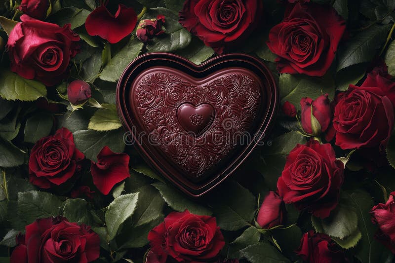 Heart Shaped Box of Chocolates Surrounded by Roses for a Romantic ...