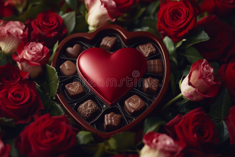 Heart Shaped Box of Chocolates Surrounded by Roses for a Romantic ...