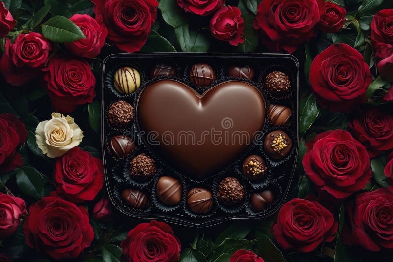Heart Shaped Box of Chocolates Surrounded by Roses for a Romantic ...