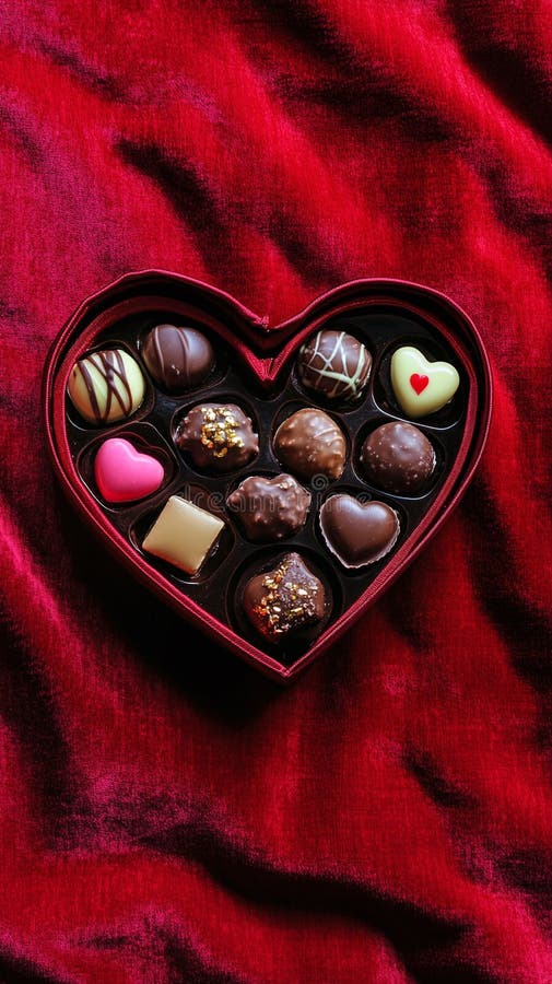 A Heart-shaped Box Filled with Assorted Chocolates on a Red Velvet ...