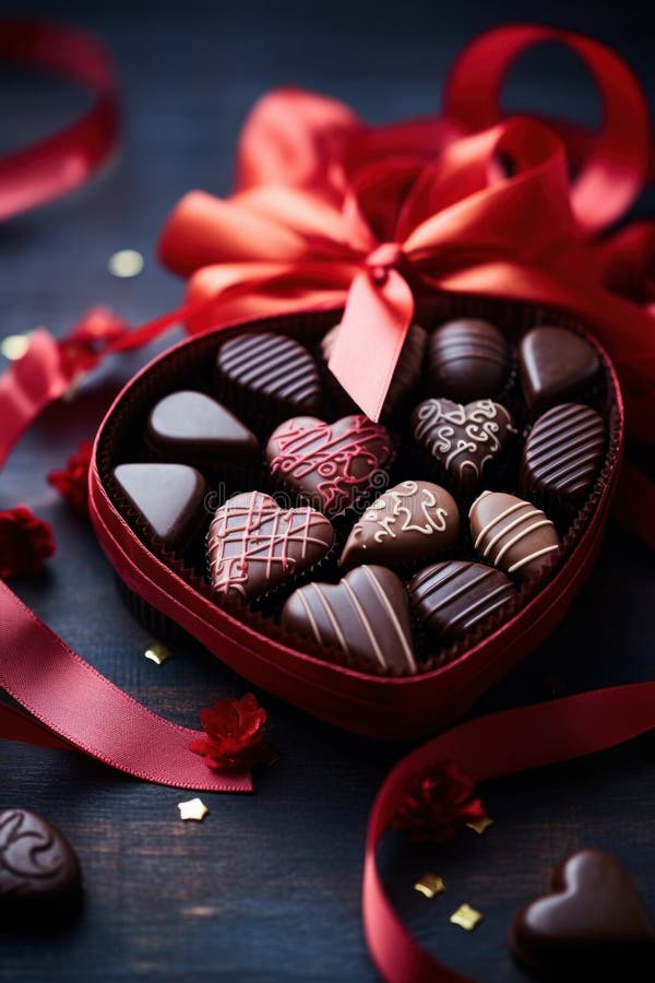 A Heart Shaped Box Filled with Chocolates and a Red Ribbon, AI Stock ...