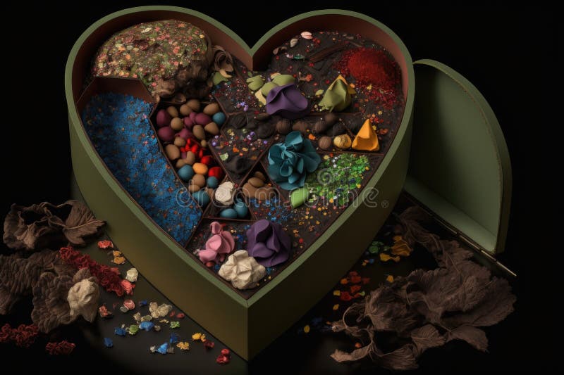 Heart-shaped Box Overflowing with Colorful and Exotic Truffles Stock ...
